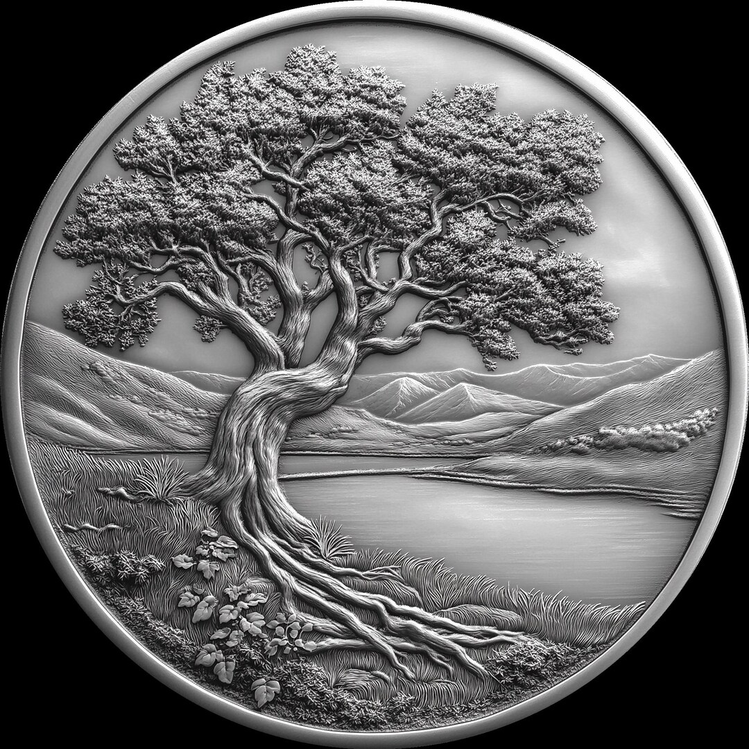 Oak Tree Overlooking Lake Coin 3d Embossing Files, Fiber Laser ...