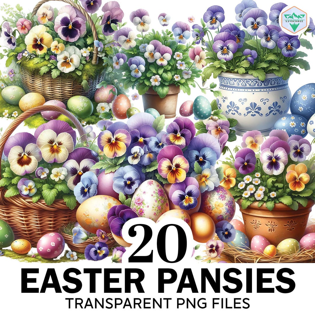20+ Watercolor Easter Pansies and Egg Clipart PNG Bundle, Floral Easter ...