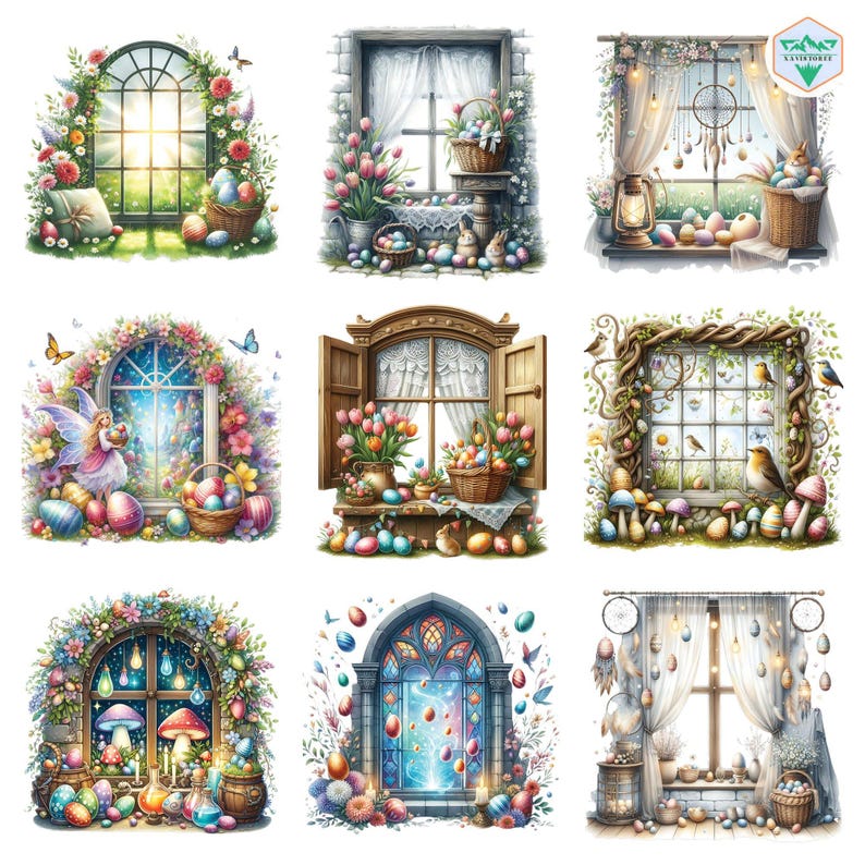 20+ Watercolor Easter Windows Clipart PNG Bundle, Floral Easter Windows ...