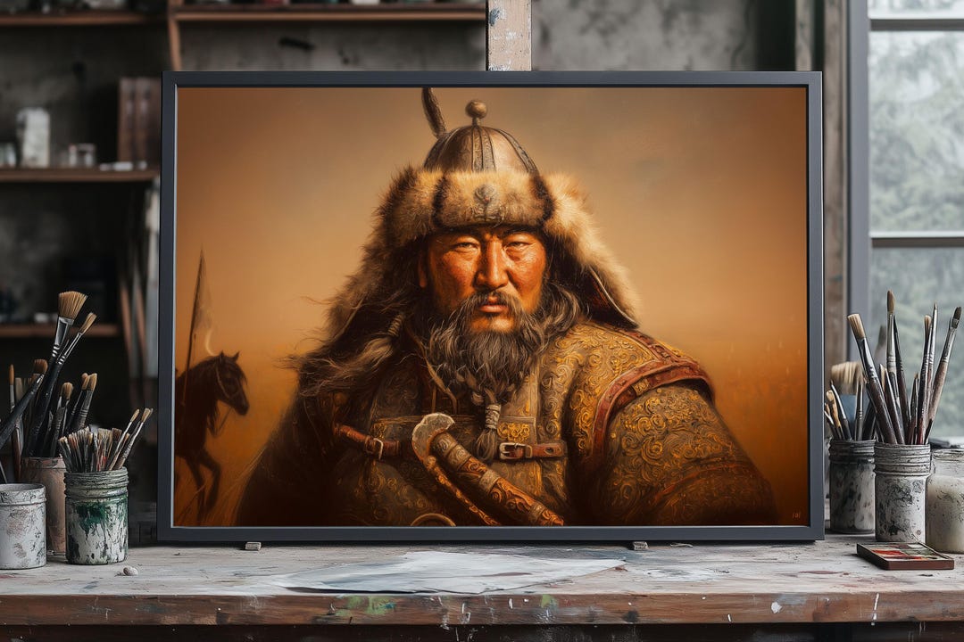Genghis Khan Oil Portrait, Hand‑painted Mongol Leader Canvas, Historic ...