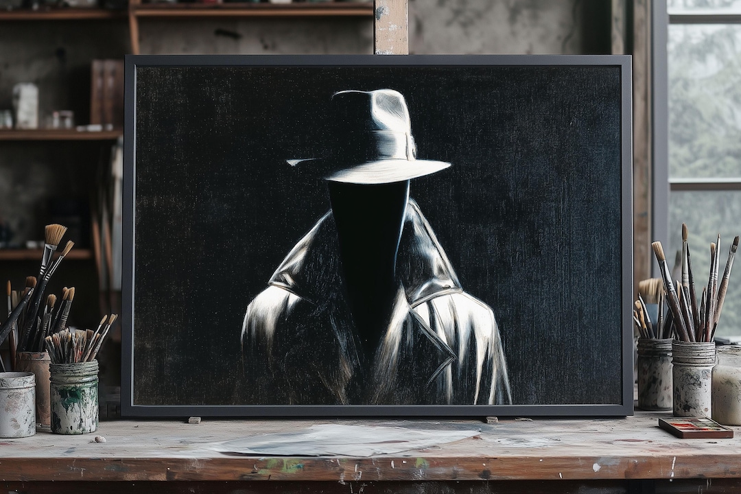 Shadowy Noir Figure Oil Painting, Fine Art Mysterious Man Portrait ...