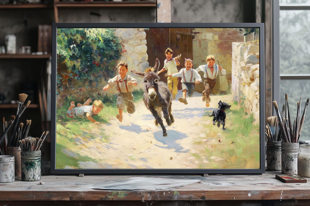 Rural Childhood Donkey Chasing Original Oil Painting, Unframed Oil ...