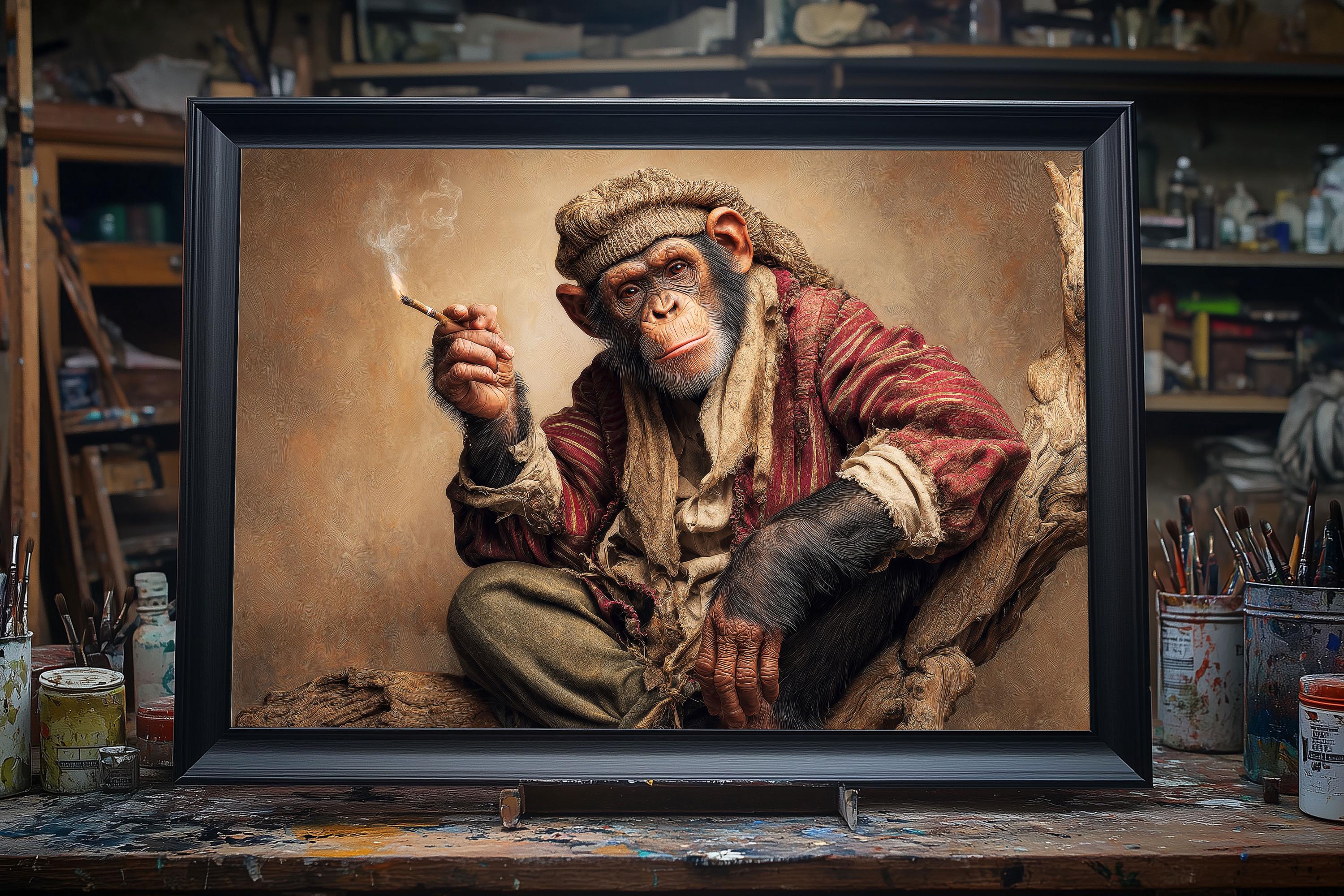 Fine Art Oil Painting Chimpanzee in Vintage Attire, Quirky Primate ...