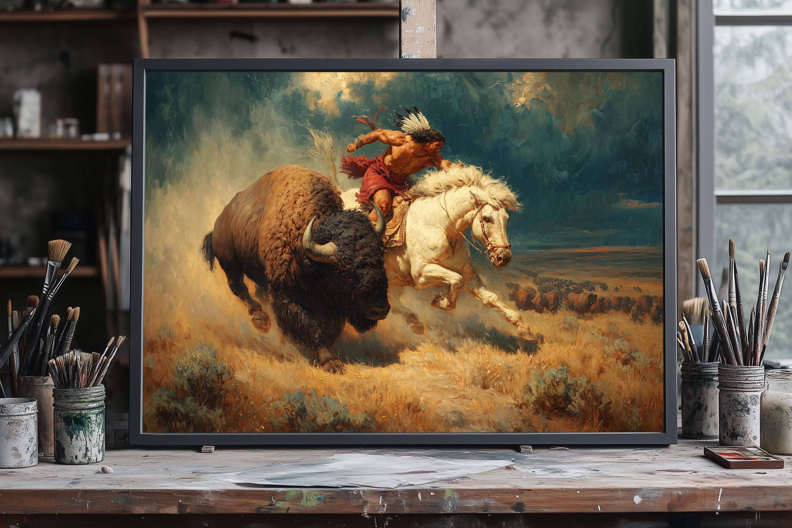 Native American Hunting Bison Oil Painting, Fine Art Buffalo Hunt Scene ...