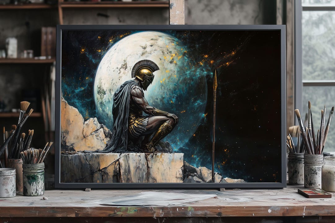Stoic Spartan Warrior in Moonlight, Handmade Oil Painting on Canvas ...