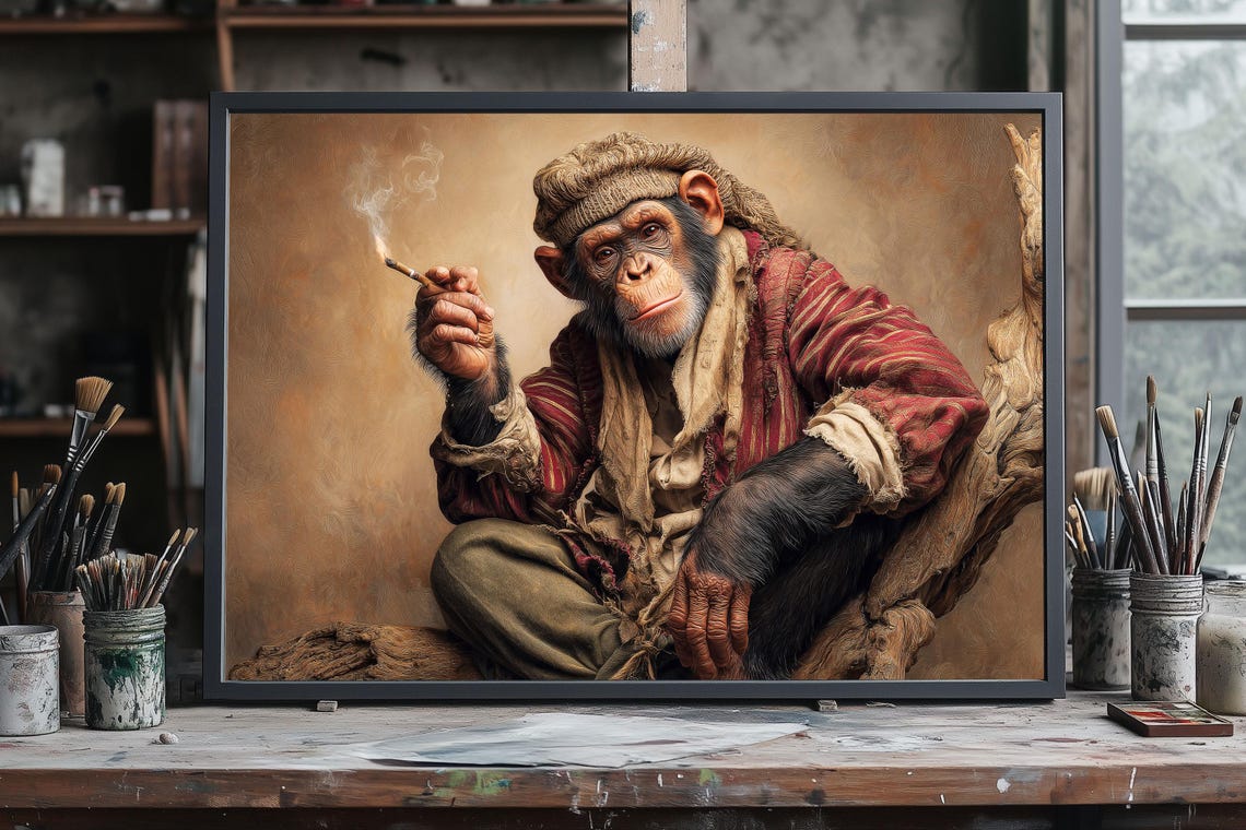 Fine Art Oil Painting Chimpanzee in Vintage Attire, Quirky Primate ...