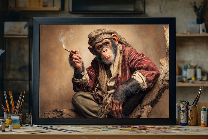 Fine Art Oil Painting Chimpanzee in Vintage Attire, Quirky Primate ...