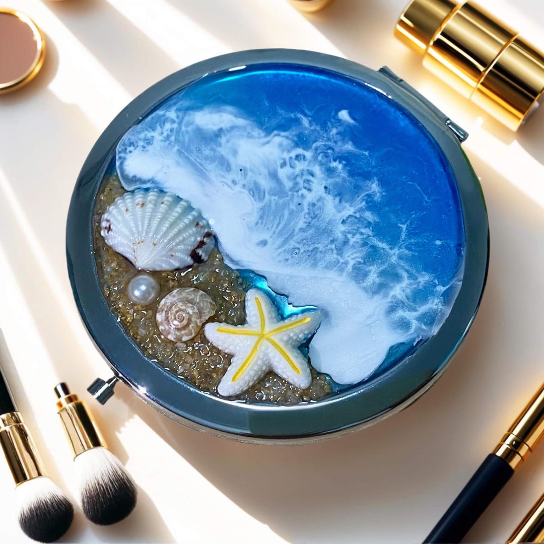 Personalized Ocean Resin Compact Mirror: Seashell & Starfish Beach ...