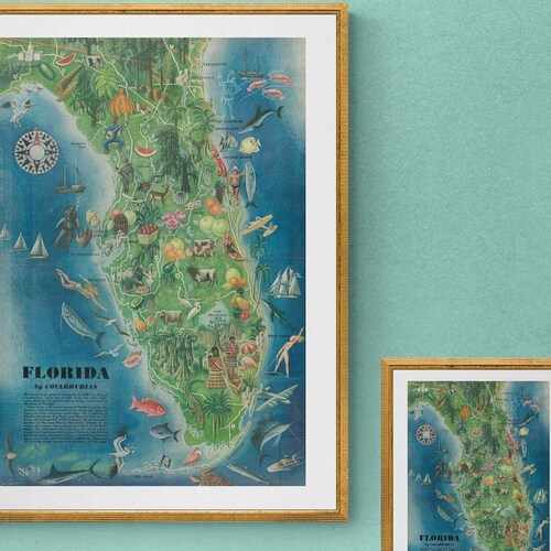 Vintage 1920 Color Map of Florida Illustration Digital | Etsy
