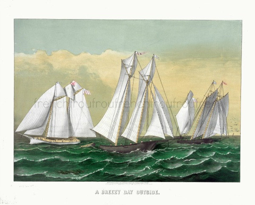 Antique Victorian Lithograph Sail Boats Illustration Sailing Along on a ...