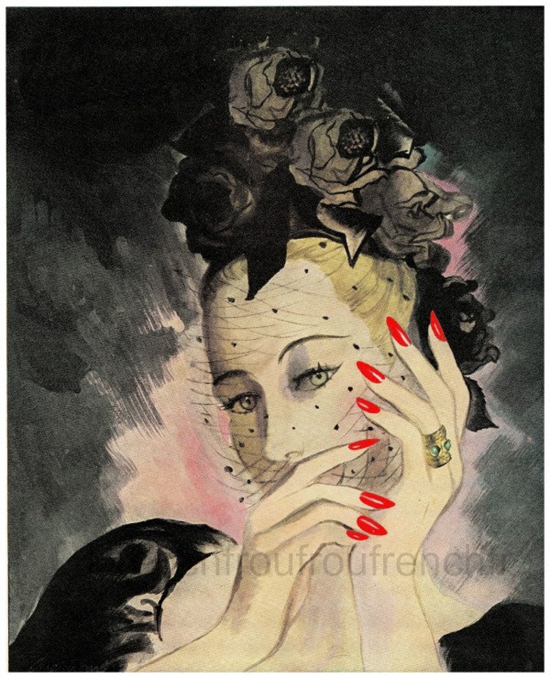Vintage Pinup Illustration the Black Widow Portrait Black Roses Digital ...