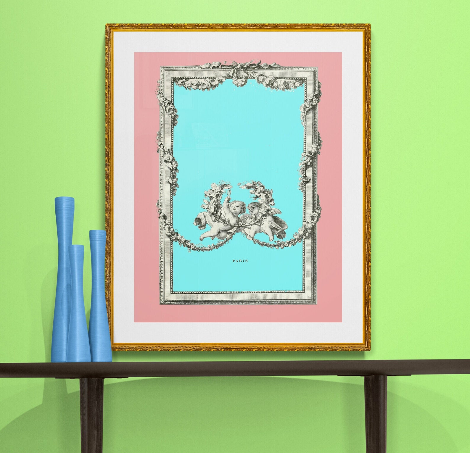 French Chateau , Angels and Roses Illustration, Turquoise and Pink ...