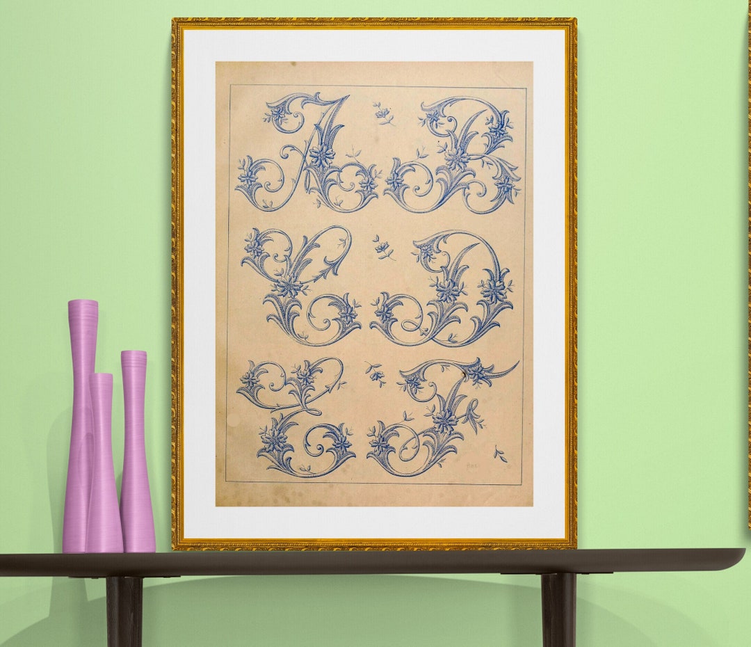 Complete HAND EMBROIDERY Alphabet Leaves Pattern , Antique French ...