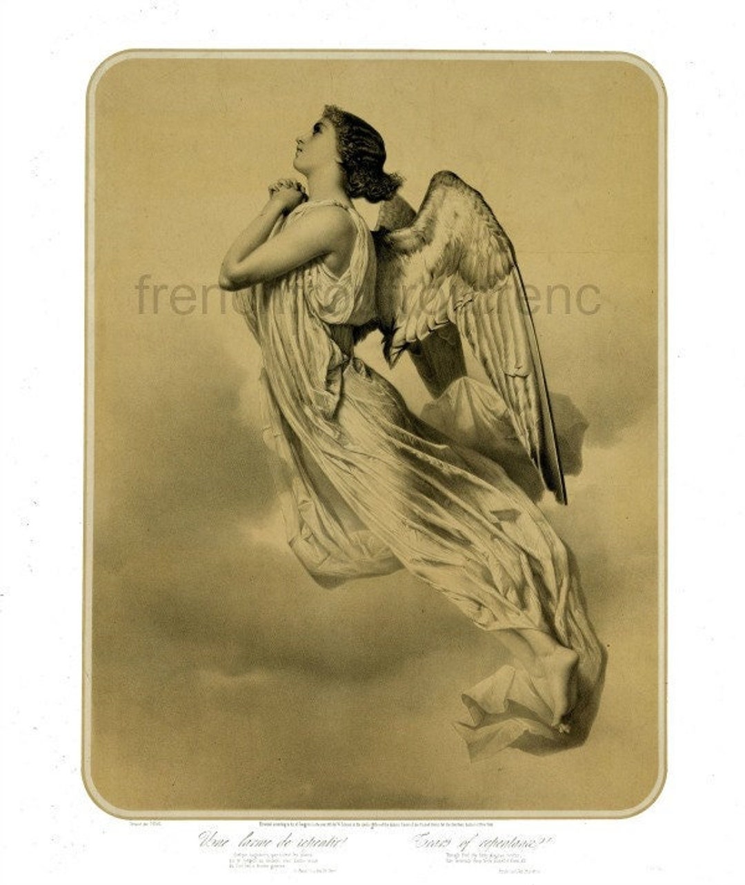 Antique French Victorian Angel Crying Tear of Repentance Illustration ...