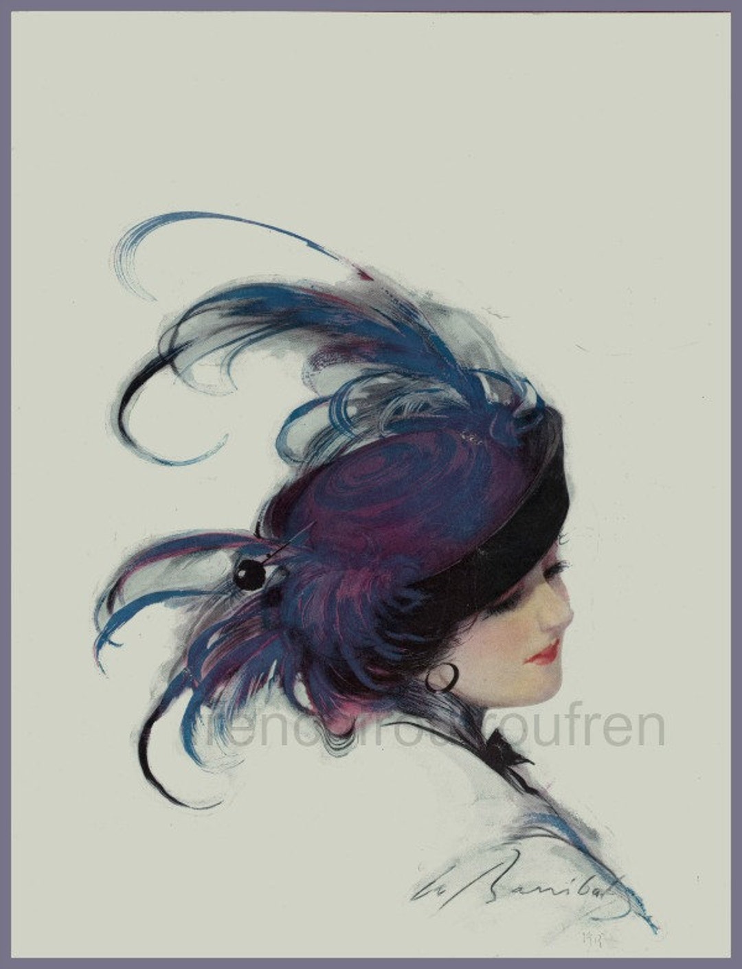 Antique Art Deco Flapper Portrait Beauty Feather Purple Hat ...