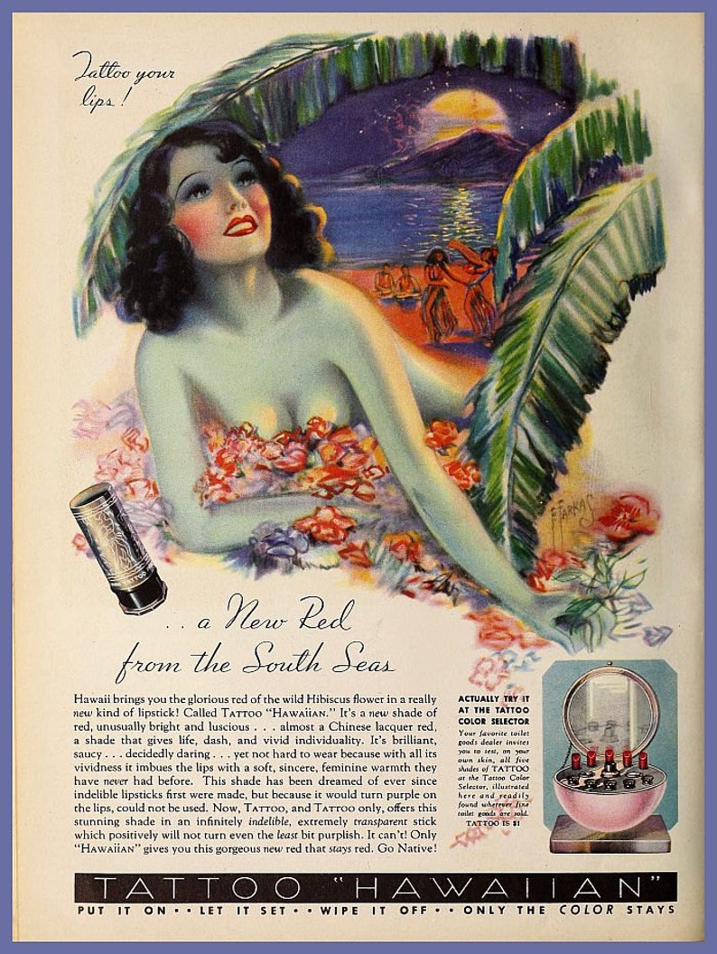 Vintage Art Deco Hula Girl Pinup Illustration Tattoo Your Lips Etsy