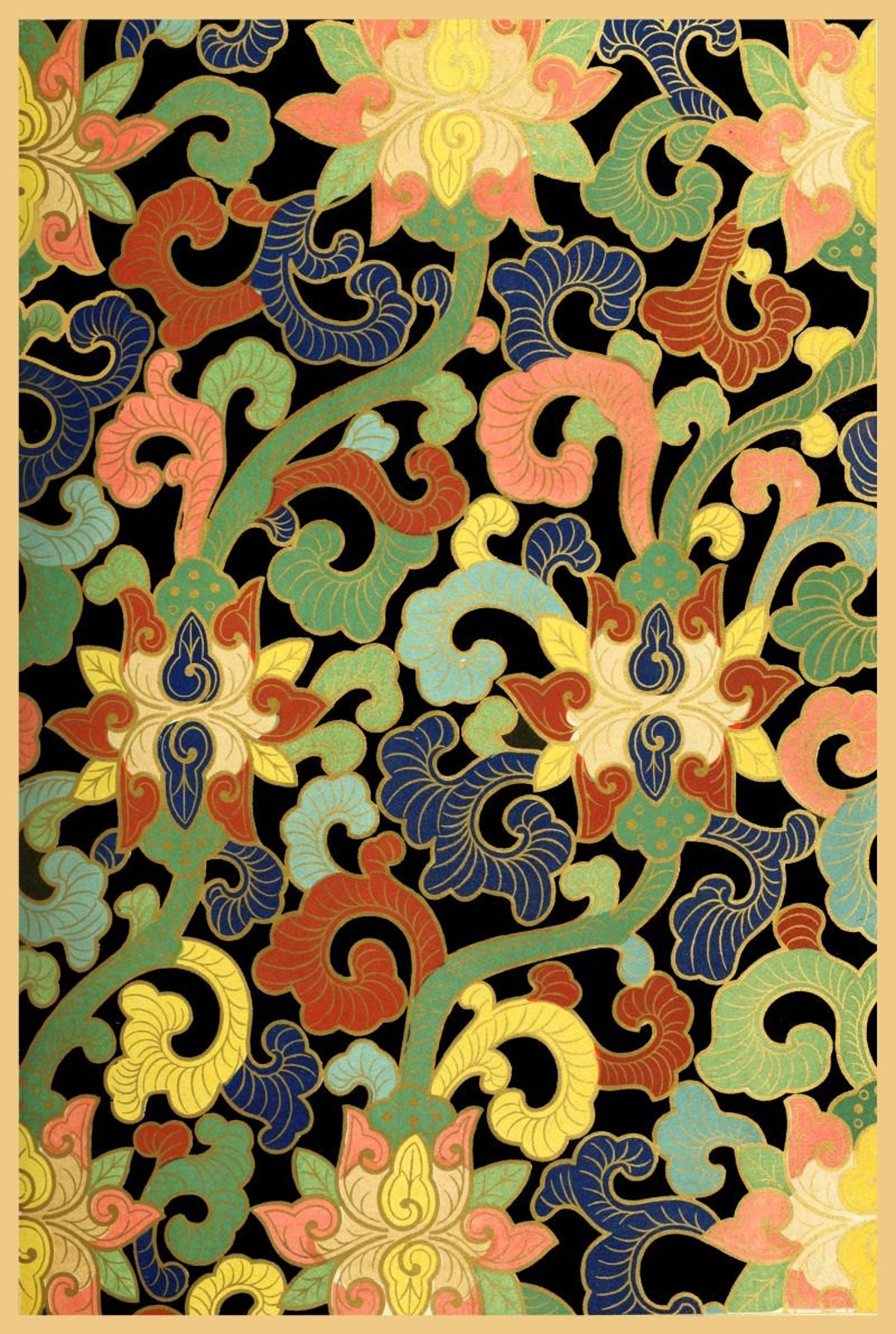 Antique Chinoiserie Wallpaper Pattern Black Background and Peonies ...