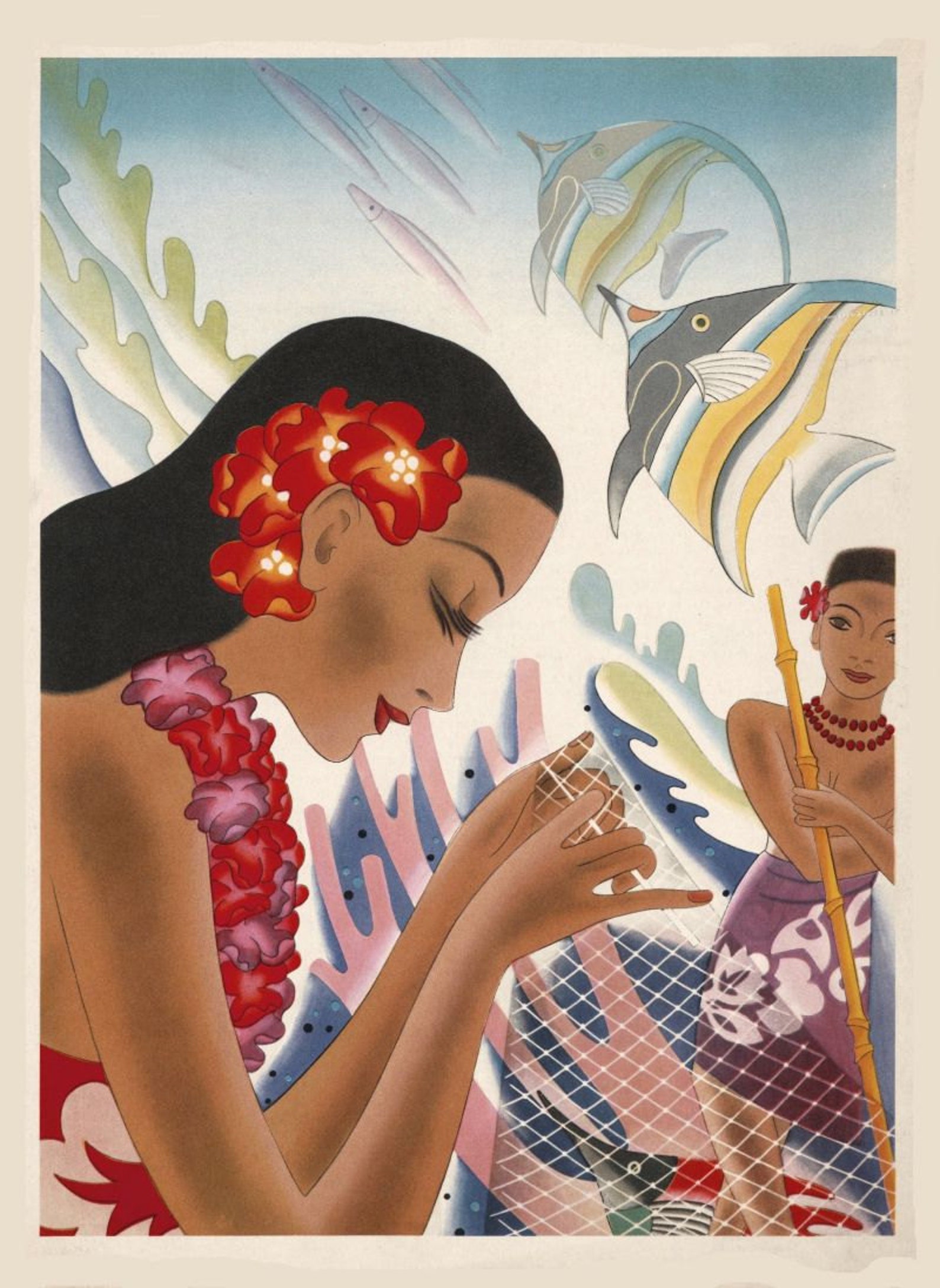 Vintage Art Deco Hawaiian Hula Girl Illustration Fishing - Etsy