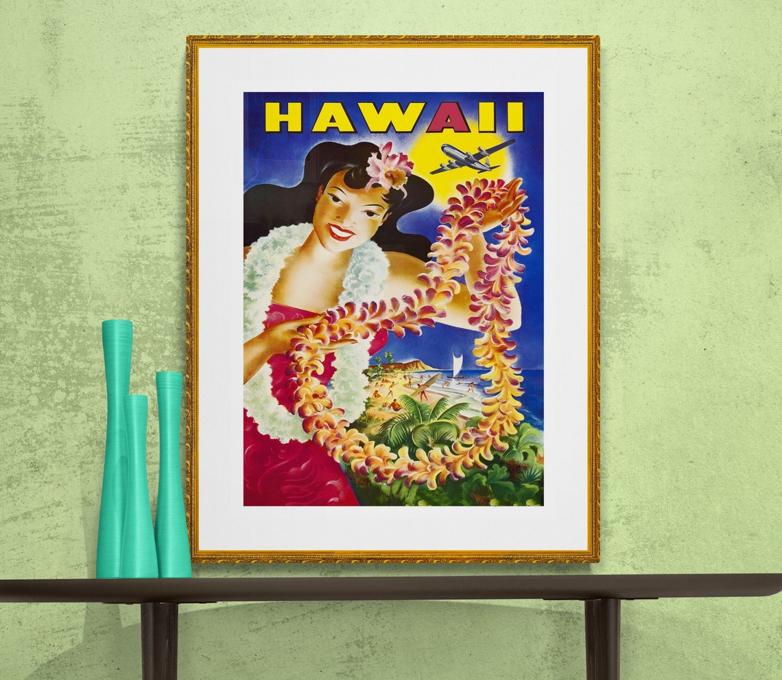 Hula Girl Art Deco Travel Poster Hawaii surferpalm - Etsy