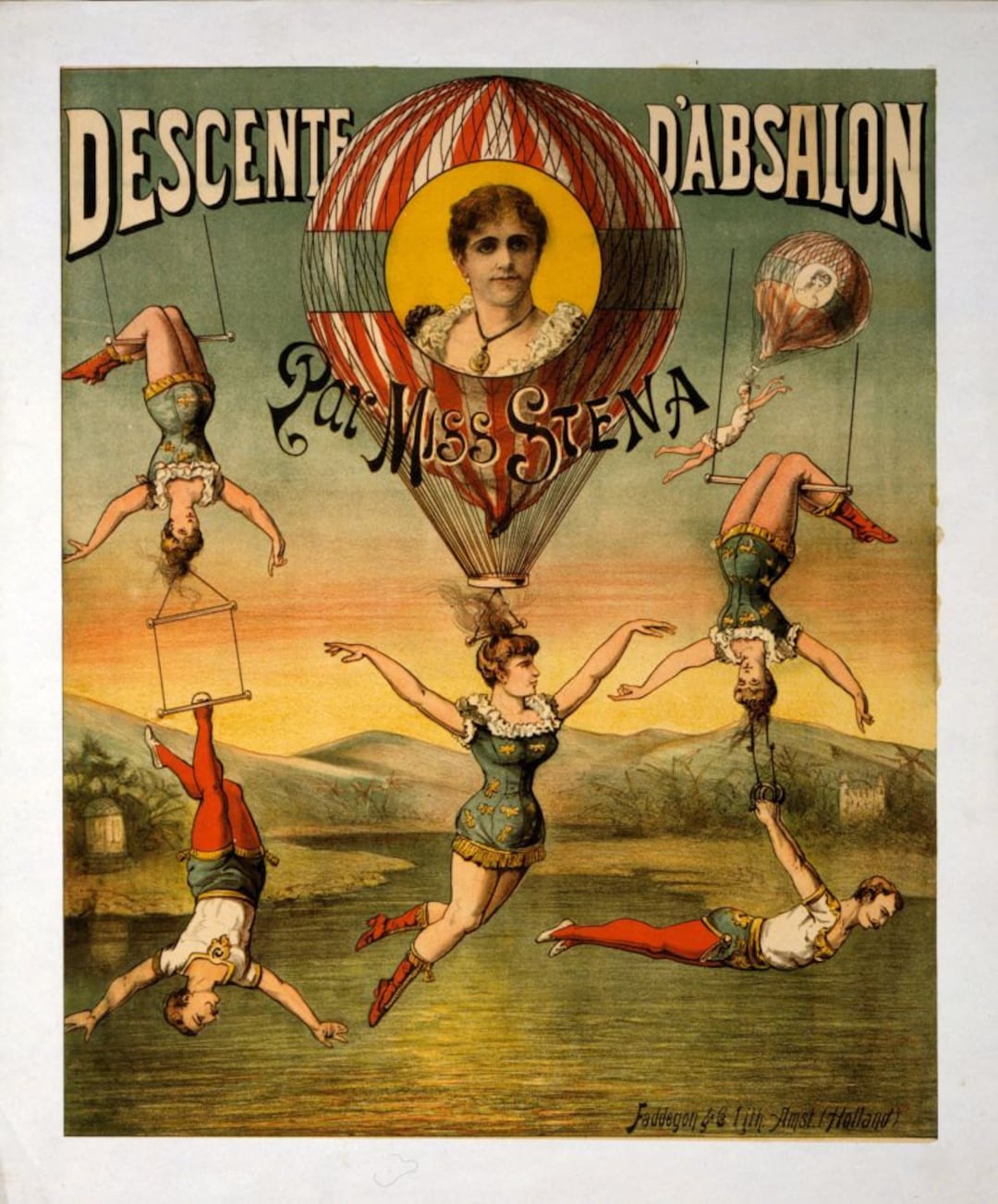 Antique Victorian Circus Poster Air Balloon Aerialist Trapezist Gymnast ...