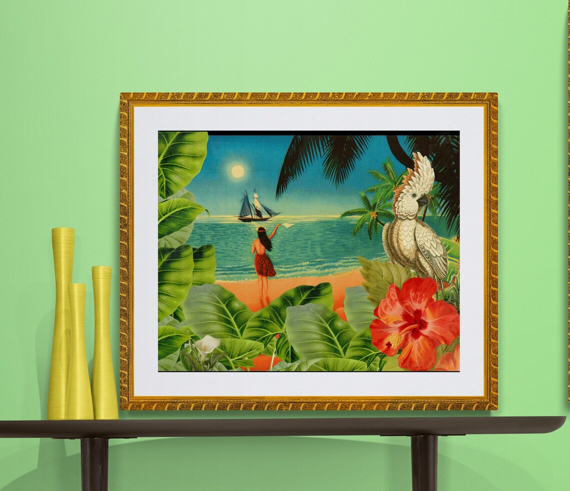 Art Deco Aloha Hula Girl Beach Sunset Sailboat Tropical - Etsy