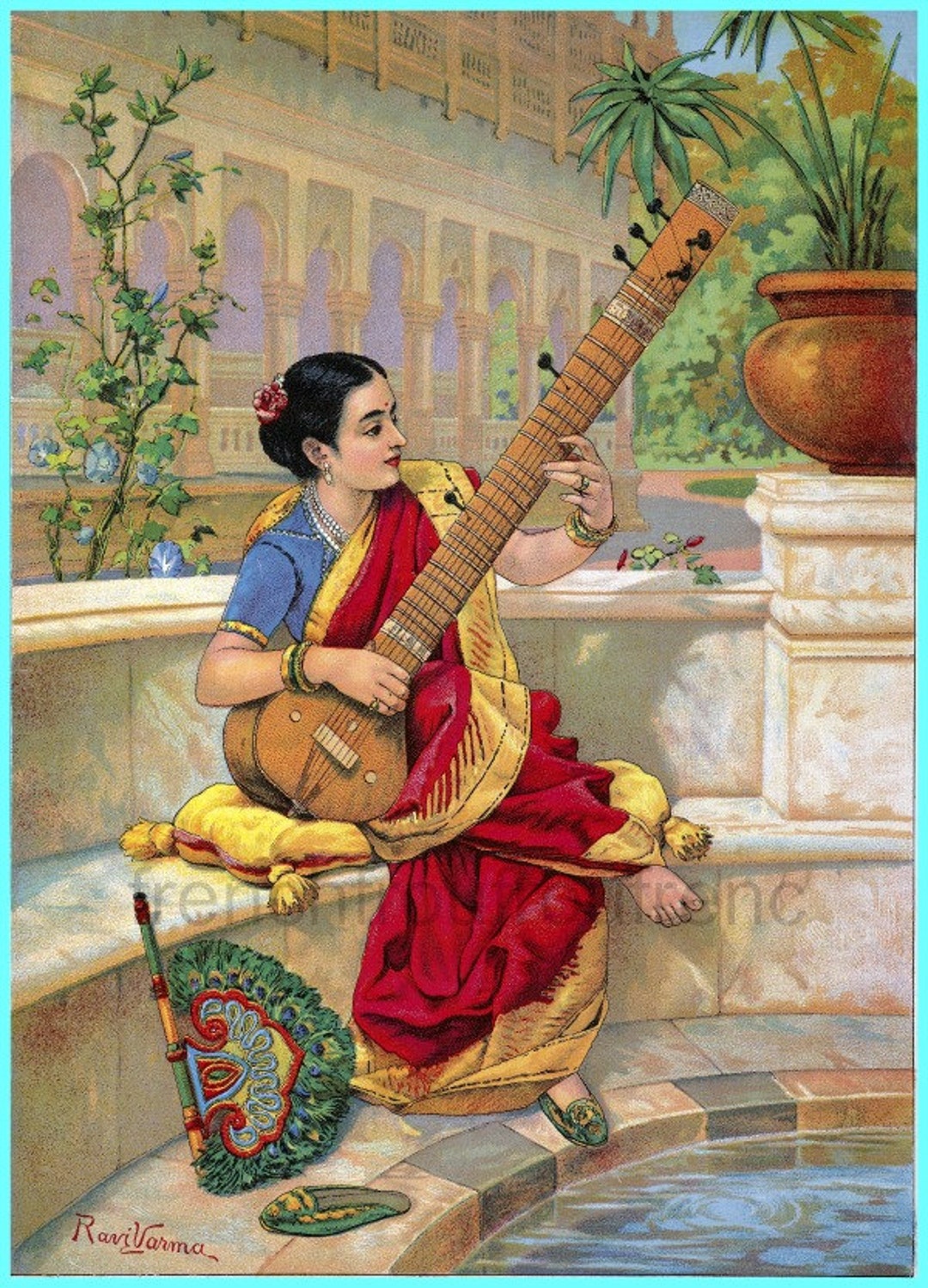 Antique Illustration Seated Indian Woman Playing the Sitar DIGITAL ...