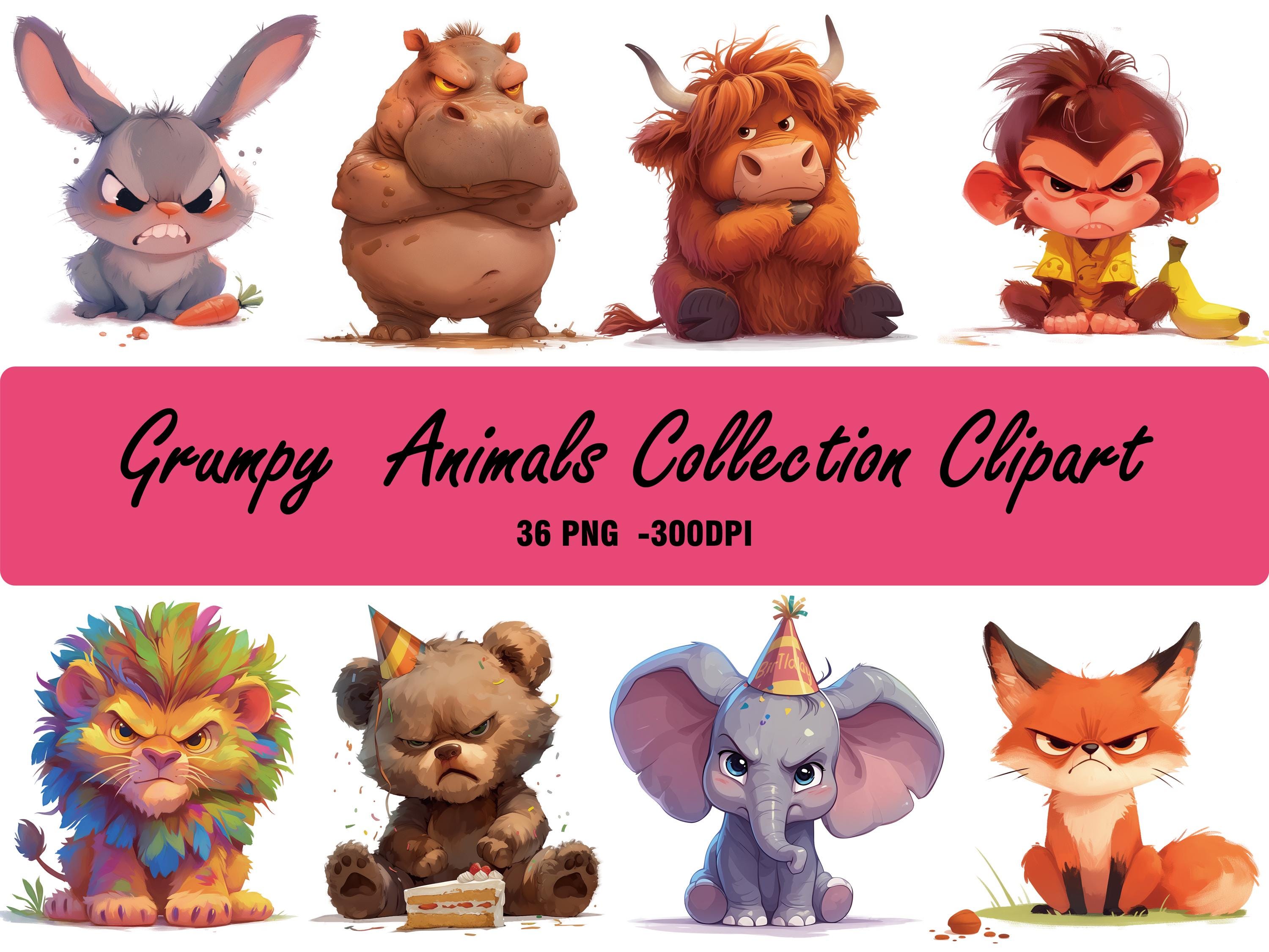 GRUMPY ANIMAL - 36 Clip Arts (300 Dpi, Watercolor, Funny, Adorable ...