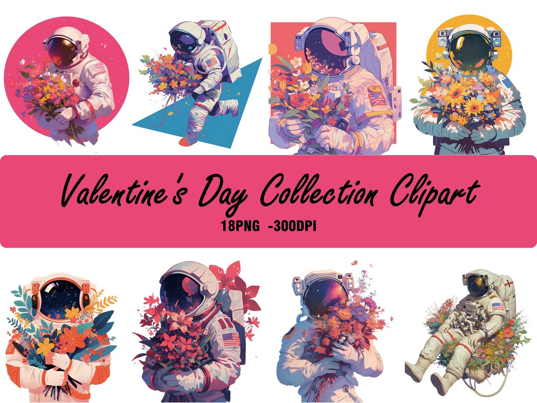 ASTRONAUT VALENTINE - 18 Clip Arts (300 Dpi, Pink Flower, Rose ...
