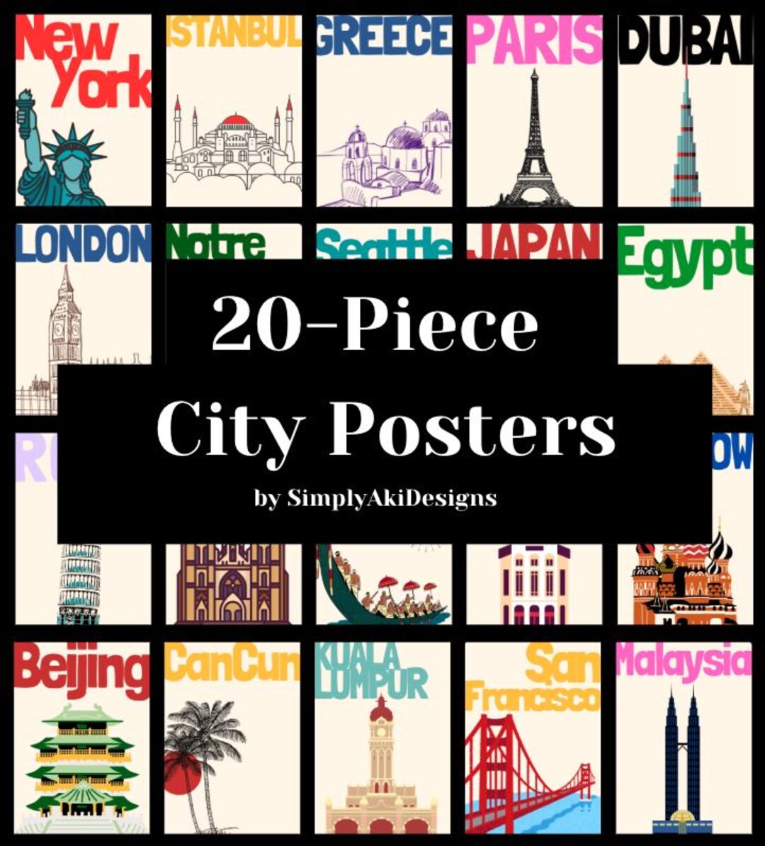 Set of 20 Illustrated City Posters Digital Download Unique Wall Art for ...