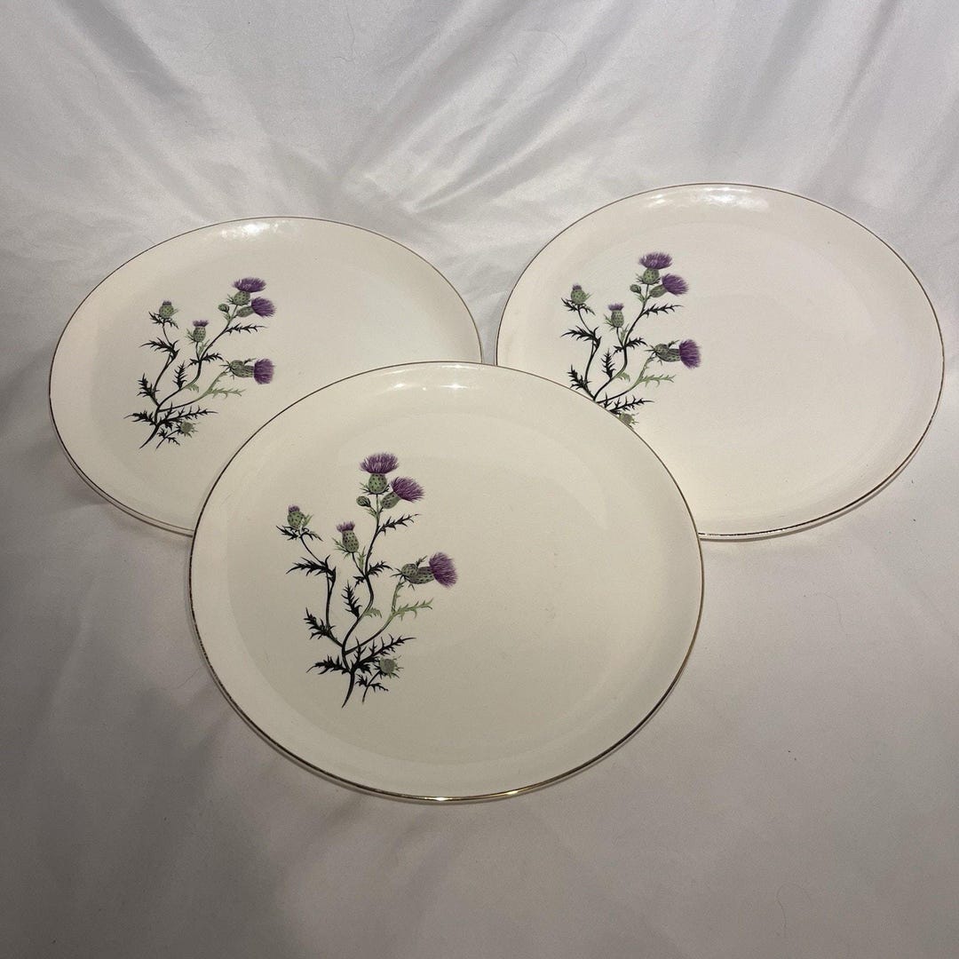 Vtg French Saxon China 22k Gold Thistle Plates Set of 3 USA Floral ...