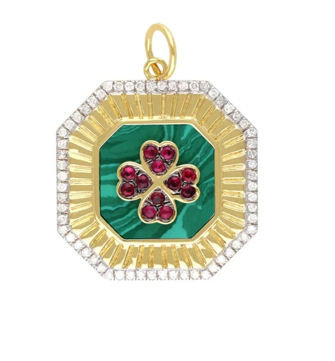Diamond Ruby Malachite Clover Pendant, 925 Sterling Silver Charm - Etsy