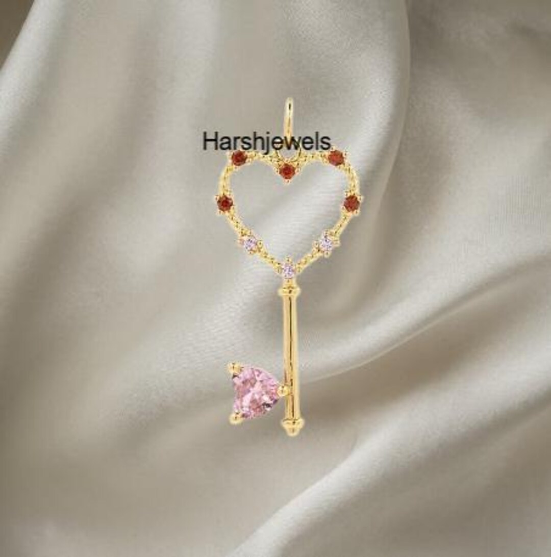 14k Solid Gold Heart Key Ruby Diamond Pink Sapphire Charm Pendant ...