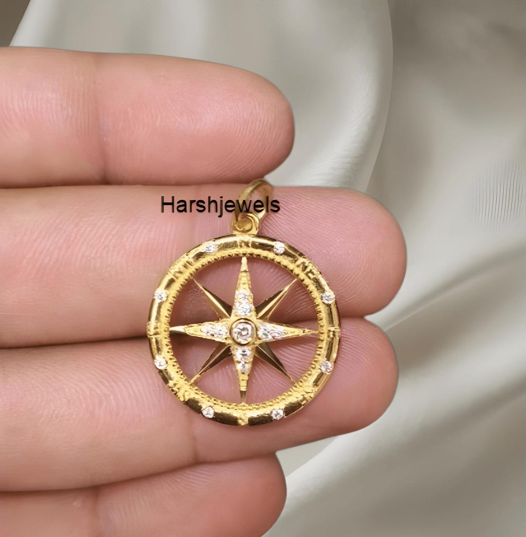 14k Solid Gold Diamond Compass Star Charm Pendant - Etsy