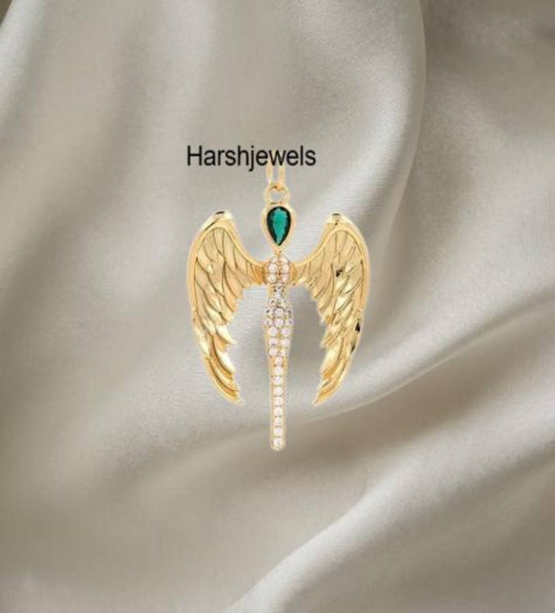 14k Solid Gold Angel Wings Diamond Emerald Pendant, Handmade Charm - Etsy