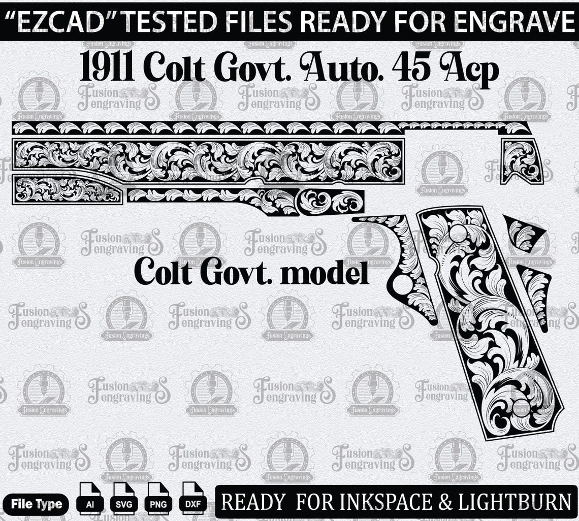 Colt 1911 Government Model Scroll Design SVG File: Laser Engraving ...