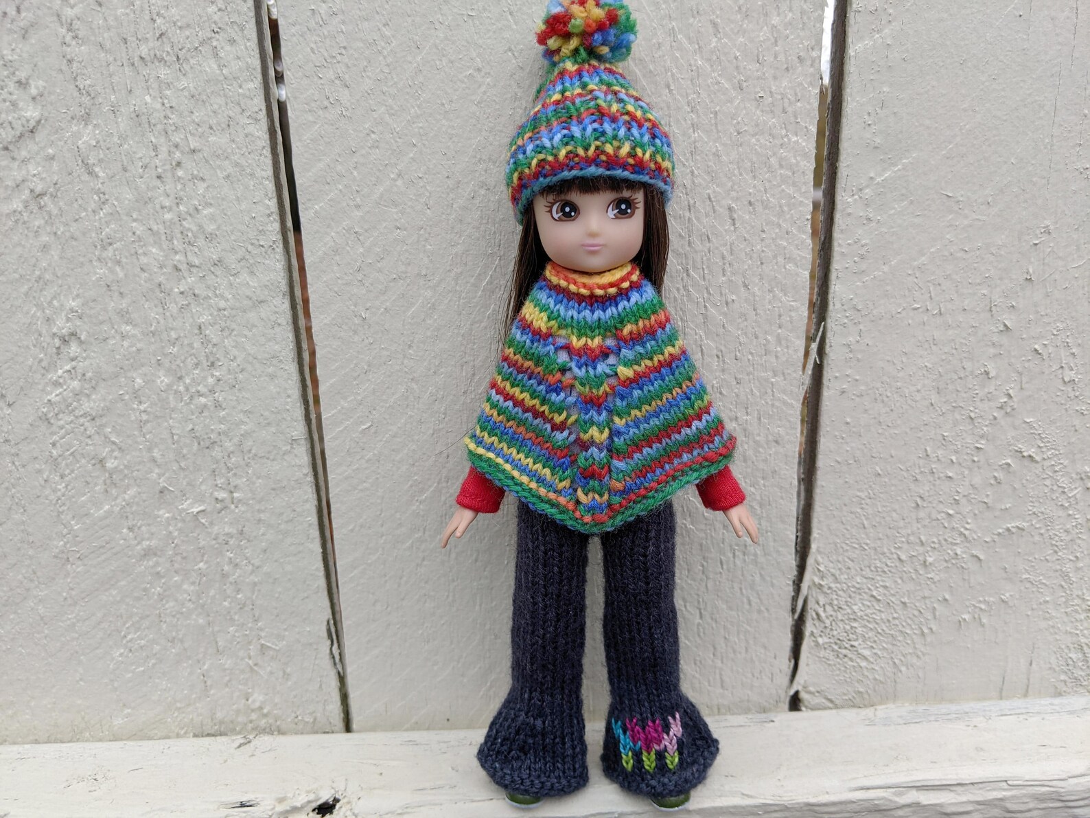 Knitting Pattern for Lottie 7 Inch Doll Clothes Poncho Pom-pom Beanie ...