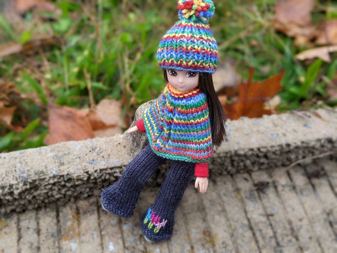 Knitting Pattern for Lottie 7 Inch Doll Clothes Poncho Pom-pom Beanie ...