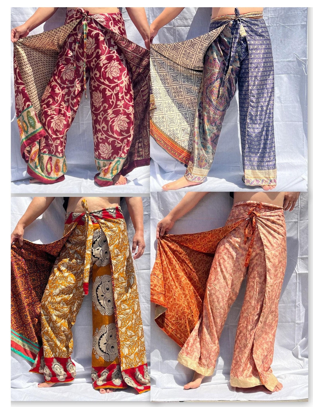 5 Pcs Lot Indian Sari Silk Wrap Around Pants Party Wear Wide Leg Pants ...