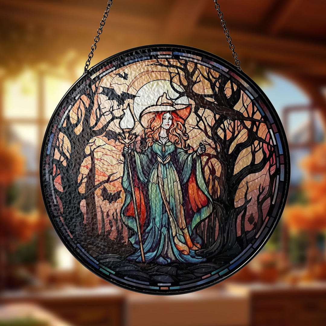 Halloween Witch With Moon Suncatcher, Witchy Window Hanging Decor ...