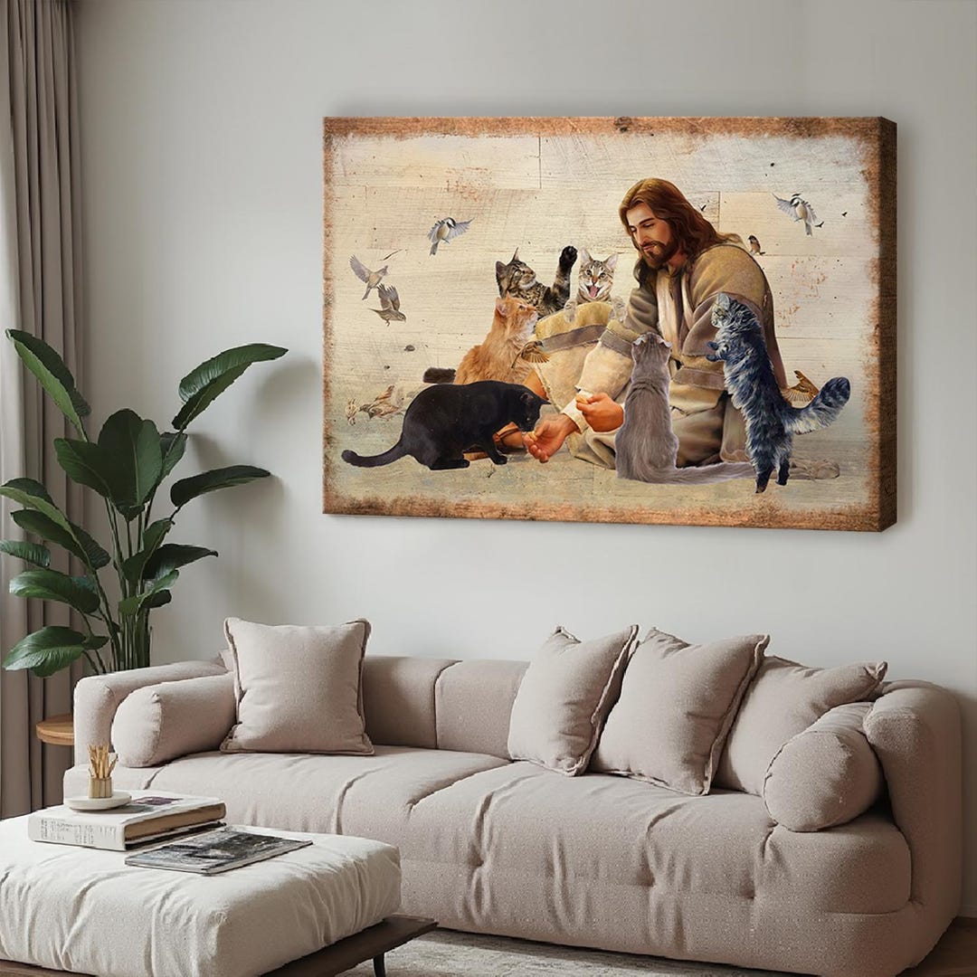 Playing With Cats, Jesus Painting, Jesus Landscape Canvas Prints, Wall ...