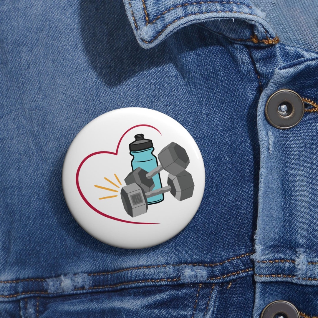 Fitness Enthusiast Pin Button, Dumbbells and Water Bottle Design, Gym ...