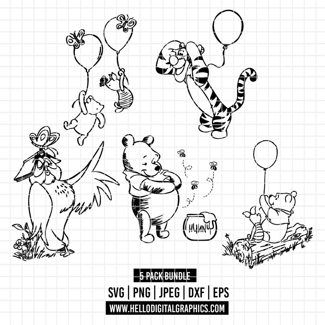 3557 - Winnie Pooh Line Art Pack Bundle Svg, Eps, Png, Dxf, Jpeg (owl ...
