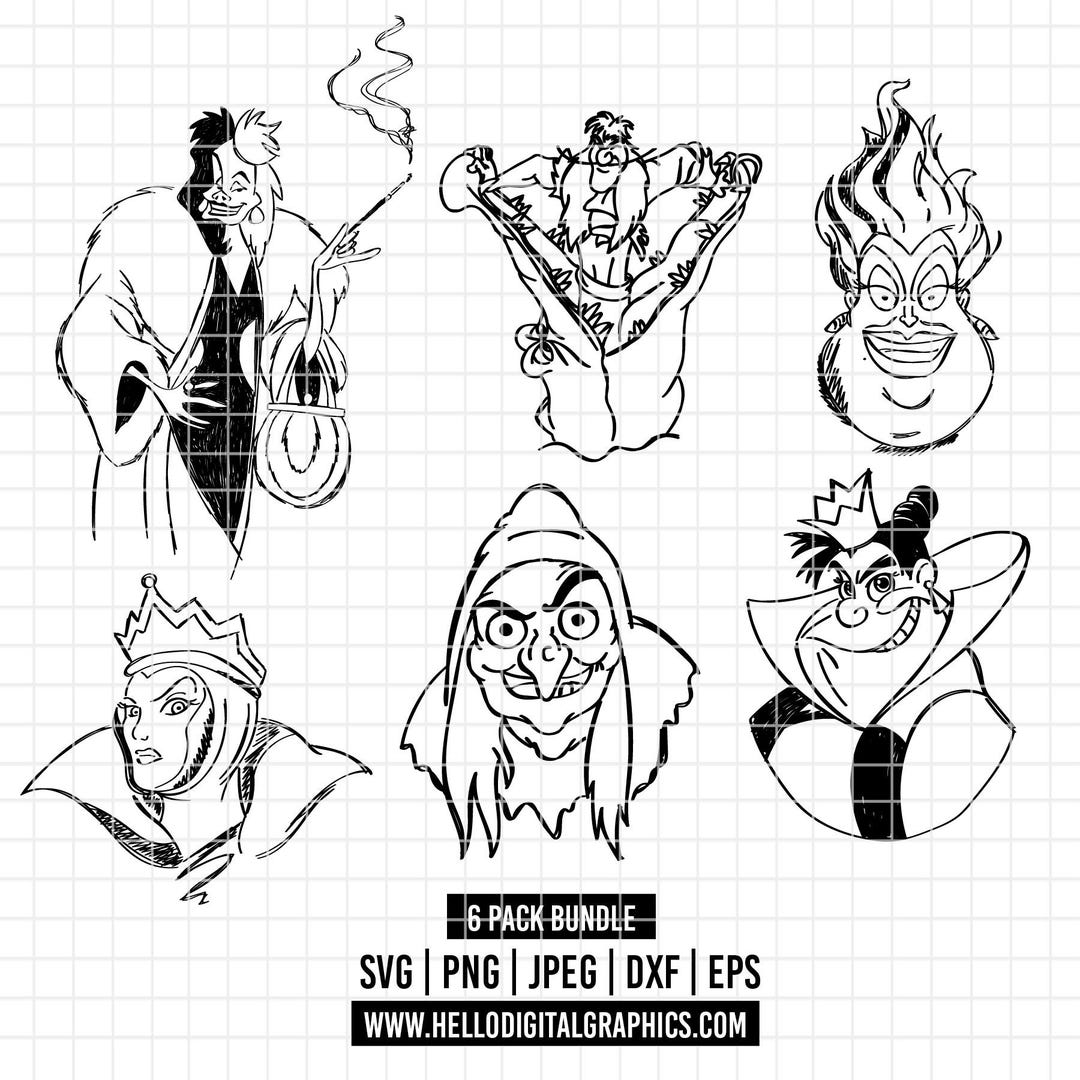 3470 - Disneey Villains Line Art Pack Bundle Svg, Eps, Png, Dxf, Jpeg ...