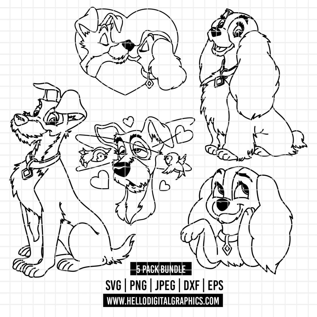 3723 - Lady and the Tramp Line Art Pack Bundle Svg, Eps, Png, Dxf, Jpeg ...