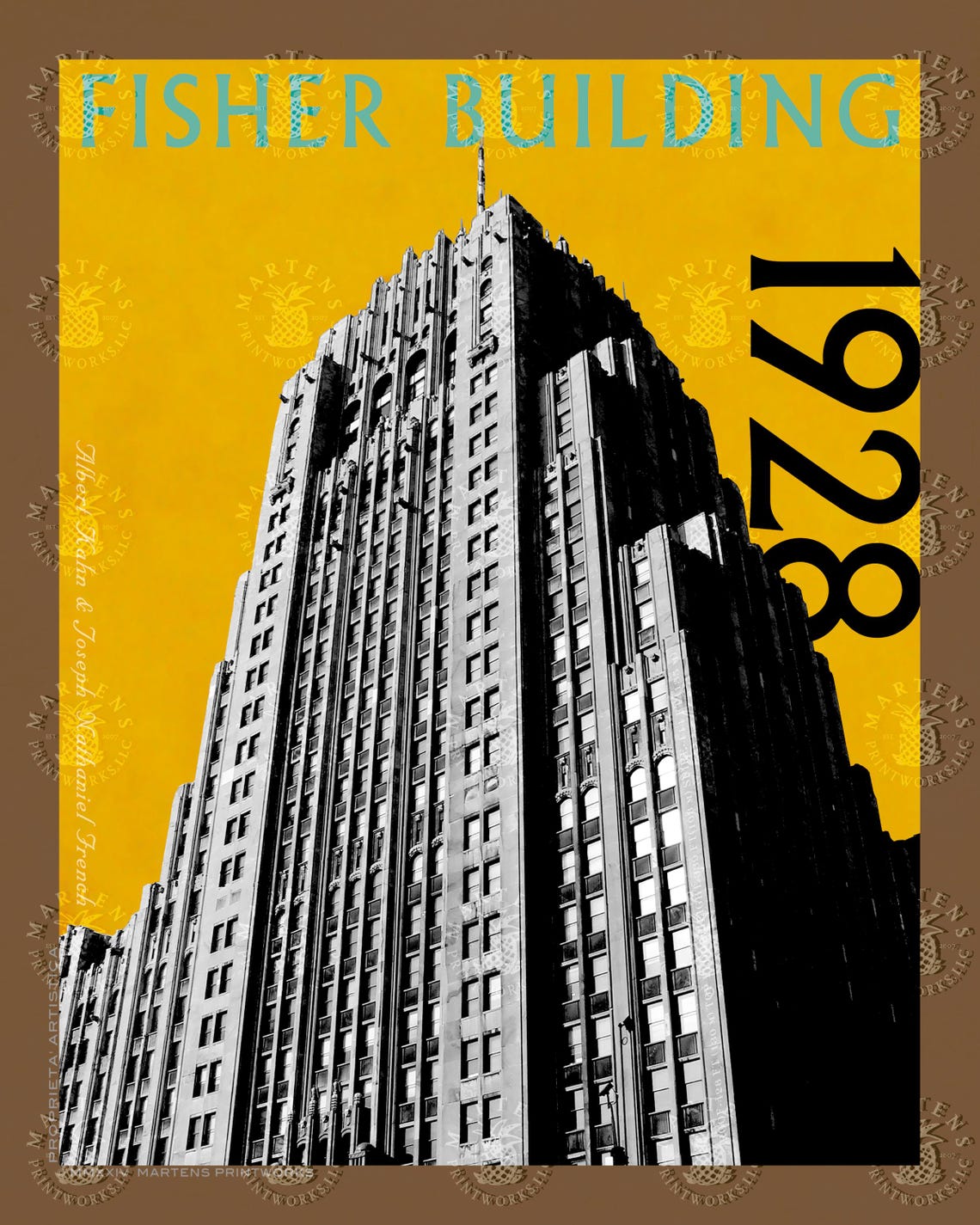 The Fisher Building Detroit Michigan Vintage Style Travel Art ...