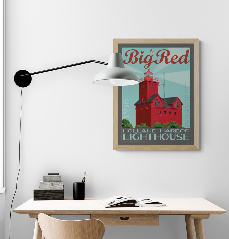 Holland Harbor Lighthouse Vintage Style Travel Art|michigan Art ...