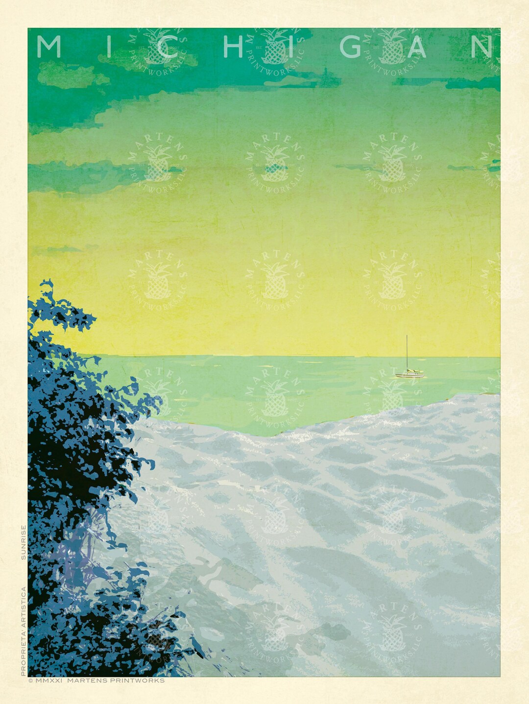 Michigan Beach Sunrise Vintage Style Travel Art | Michigan Art ...