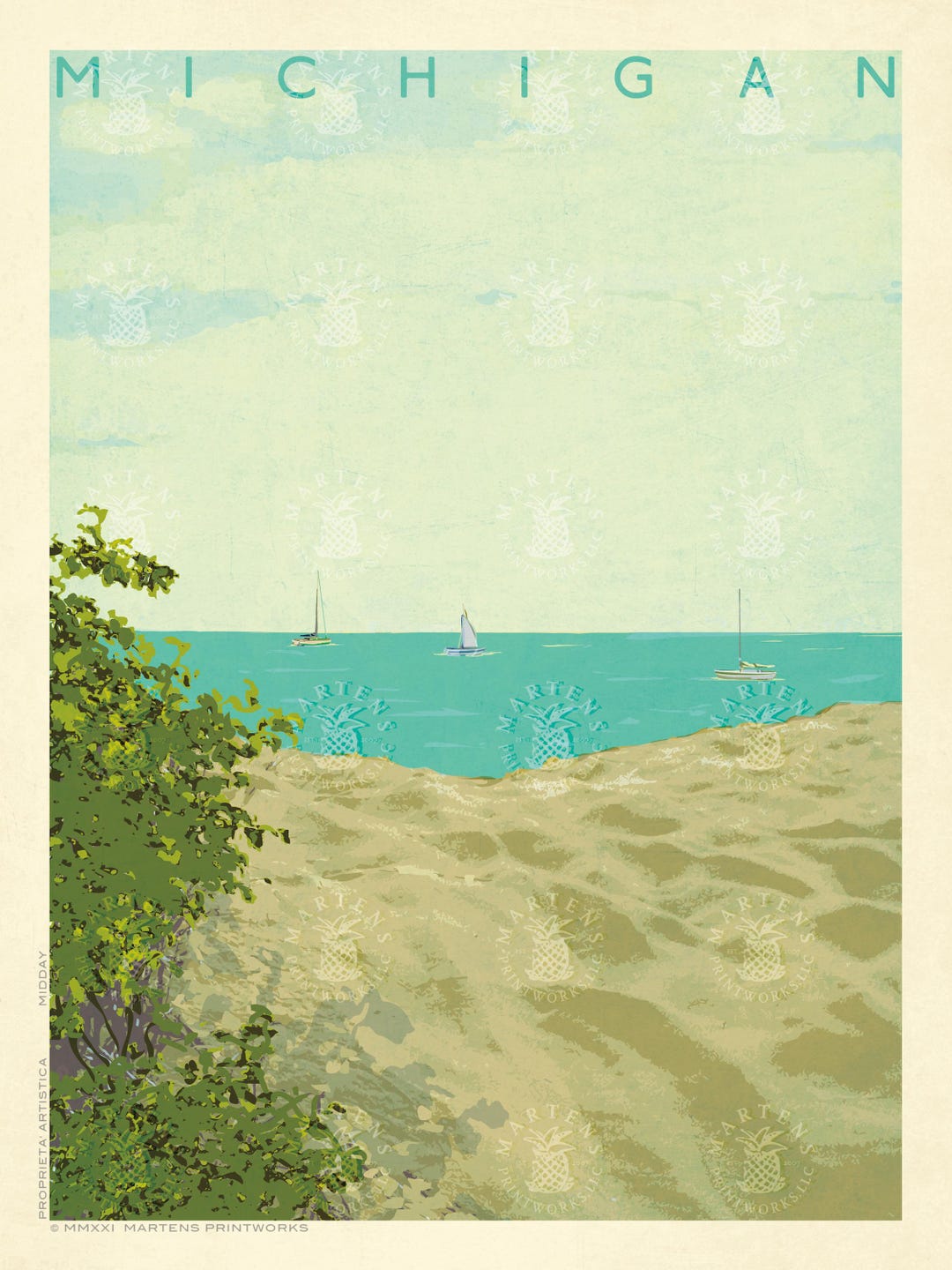 Michigan Beach Vintage Style Travel Art | Michigan Art, Michigan Travel ...