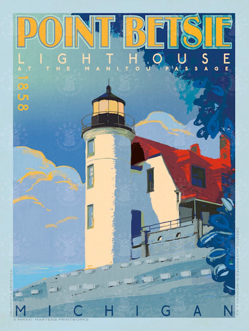 Point Betsie Lighthouse Vintage Style Travel Art Michigan Art, Michigan ...