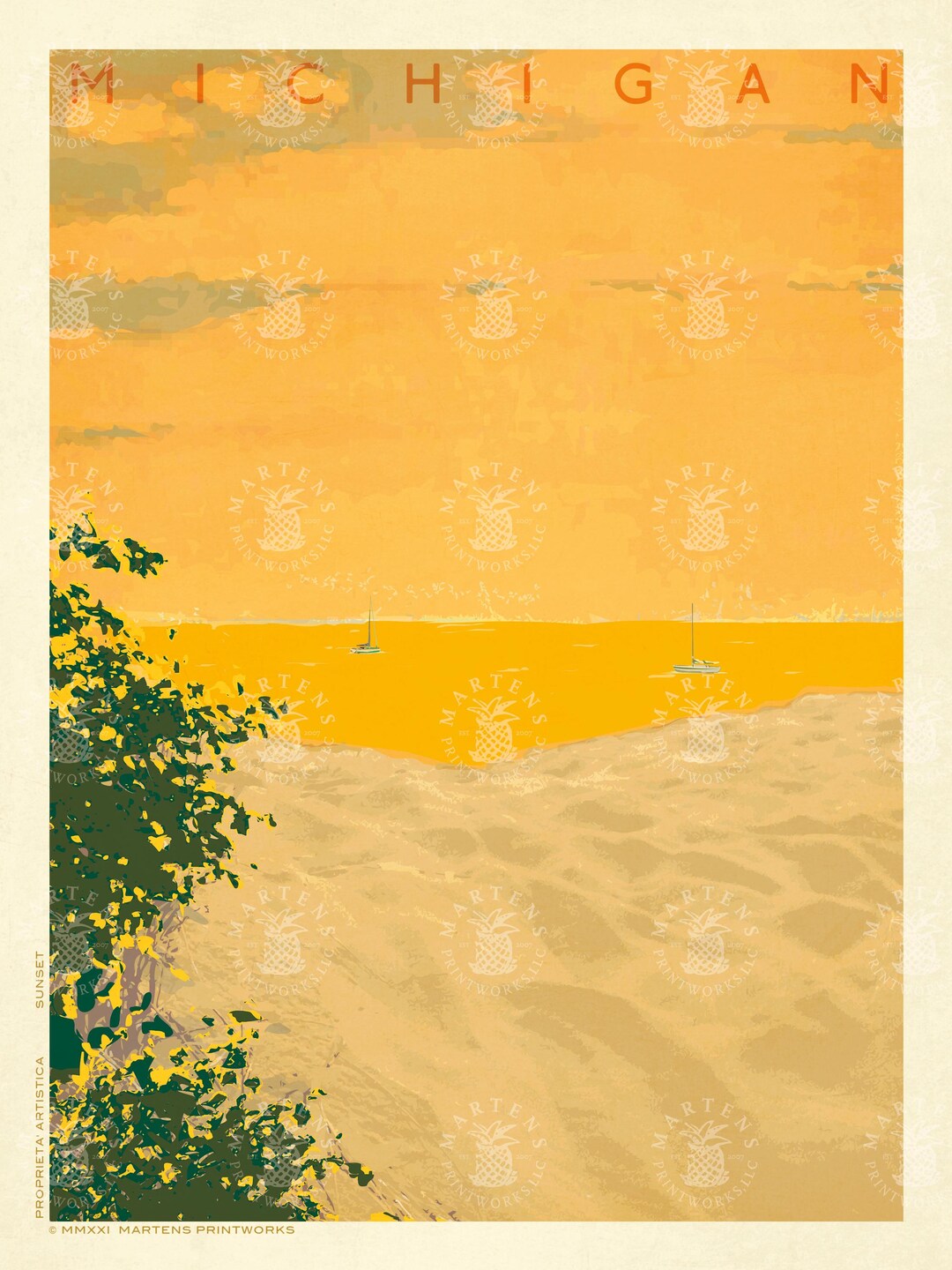 Michigan Beach Sunset Vintage Style Travel Art | Michigan Art, Michigan ...